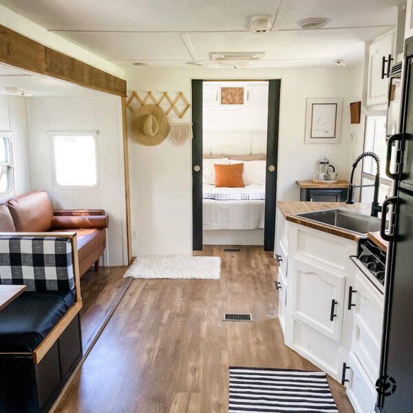 Renovated travel trailer with homey, boho vibes