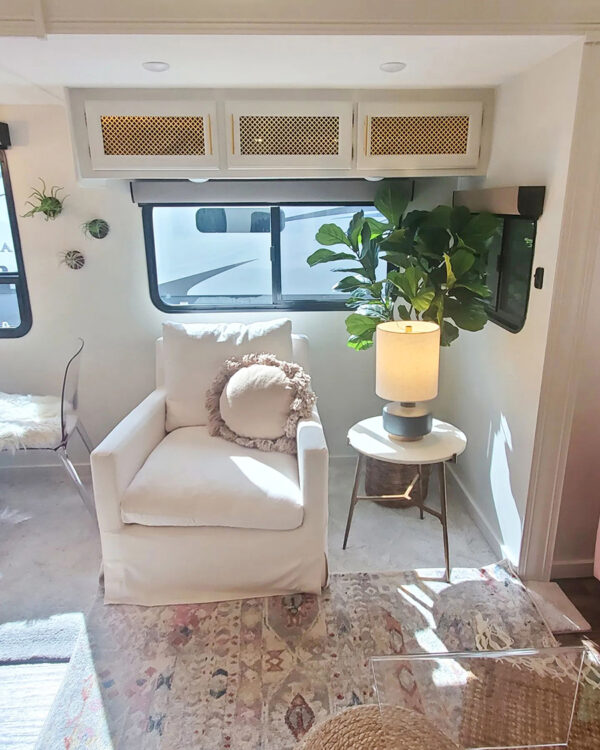 A pink velvet couch was the inspiration for this RV renovation