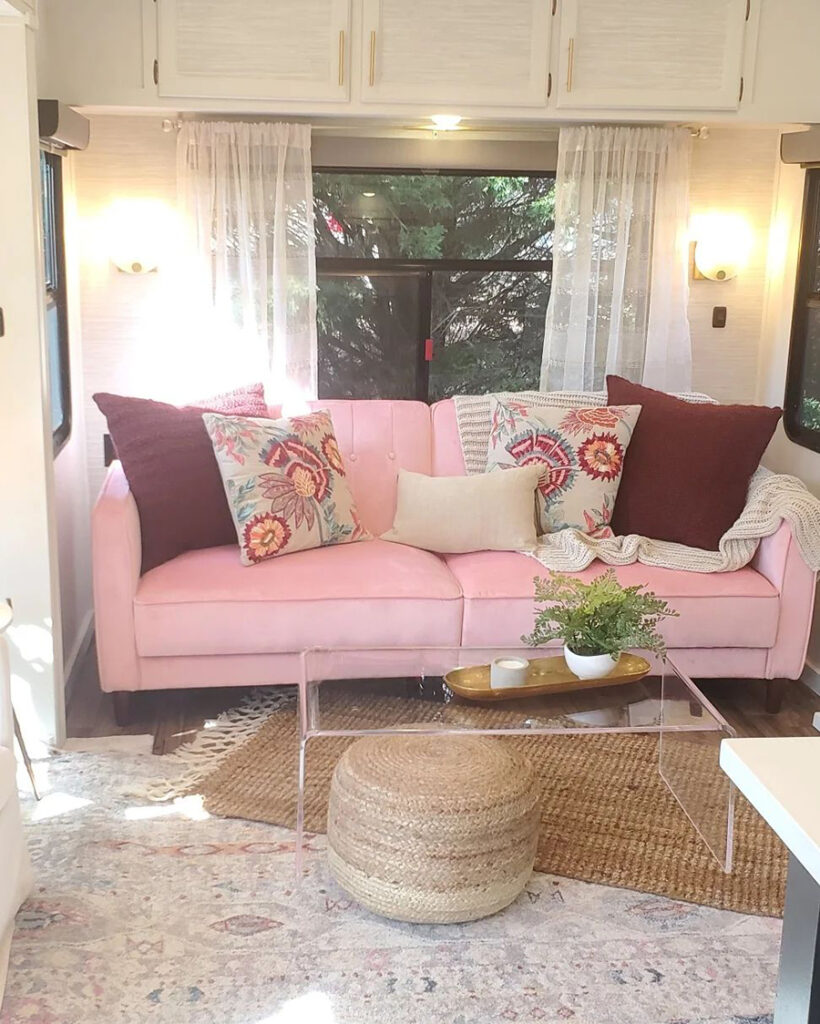 A pink velvet couch was the inspiration for this RV renovation